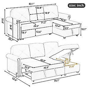 L-Shape Convertible Sectional Sofa with Pull Out Bed,Velvet Upholstery Corner Couch with Storage Chaise Lounge,3 Seater Comfy Small Sofabed with Rivets Dec for Living Room, Home, Apartment