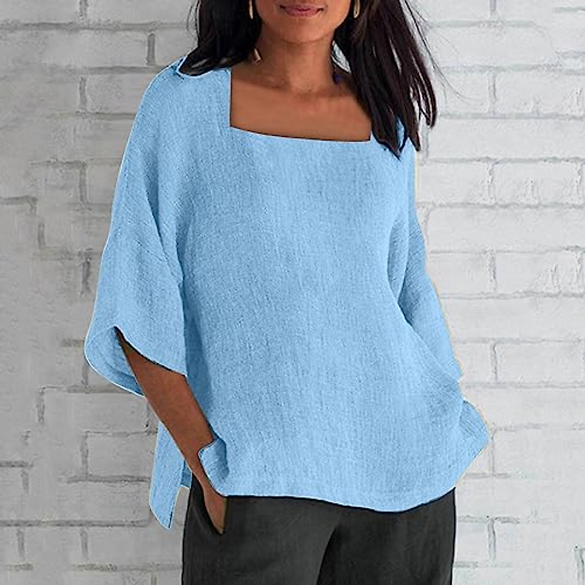 ysgfhgjw orders placed by me Square Neck Tops For Women Bell 3/4 Sleeve Side Split Solid Color Blouses Cotton Linen Casual Dressy Work Out Tunics Light Blue 2X
