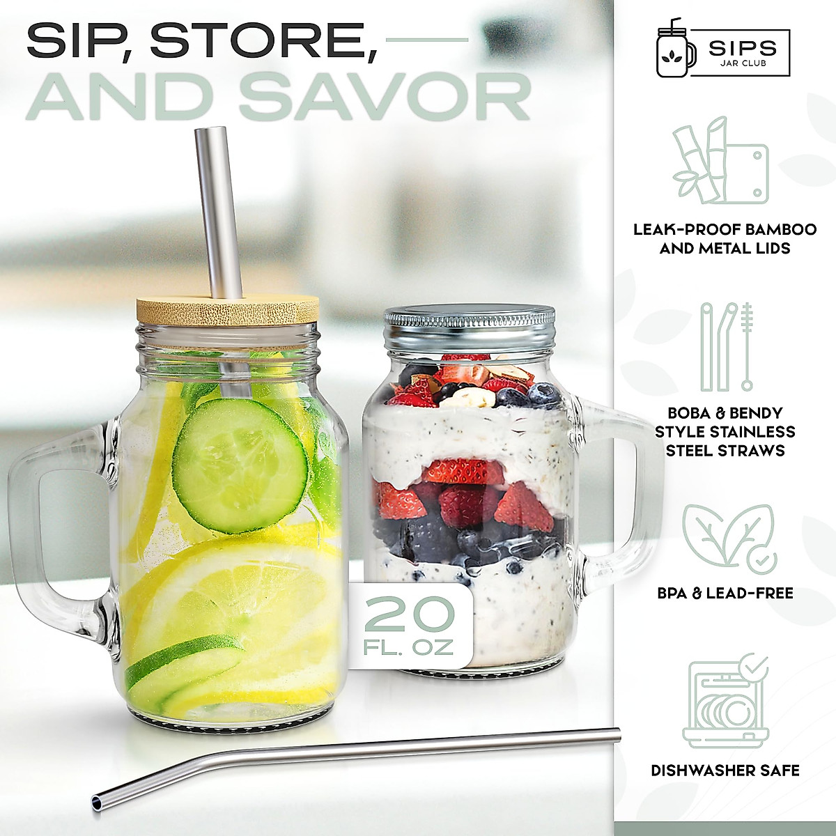 Sips Jar Club 20oz Mason Jar Mug Set of 4 with Handles, Lids, Straws & Cleaning Brush - Overnight Oats & Iced Coffee Cups