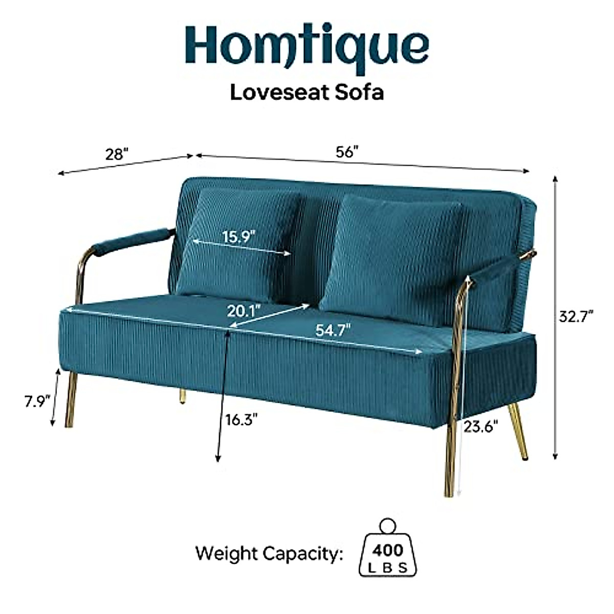 Homtique Loveseat Sofa Couch, Mid-Century Modern Velvet Love Seat Pleated Upholstered with 2 Pillows and Metal Legs, 56" Small Couches for Small Spaces Living Room, Bedroom (Teal)