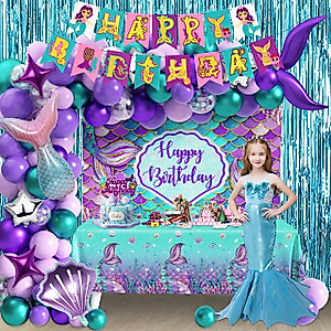 109Pcs Mermaid Theme Birthday Decorations for Girl Mermaid Party Supplies Including Tablecloth Backdrop Banners Cake Toppers Mermaid Foil Balloons and Latex Balloons Fringe Curtain Decorations Kit