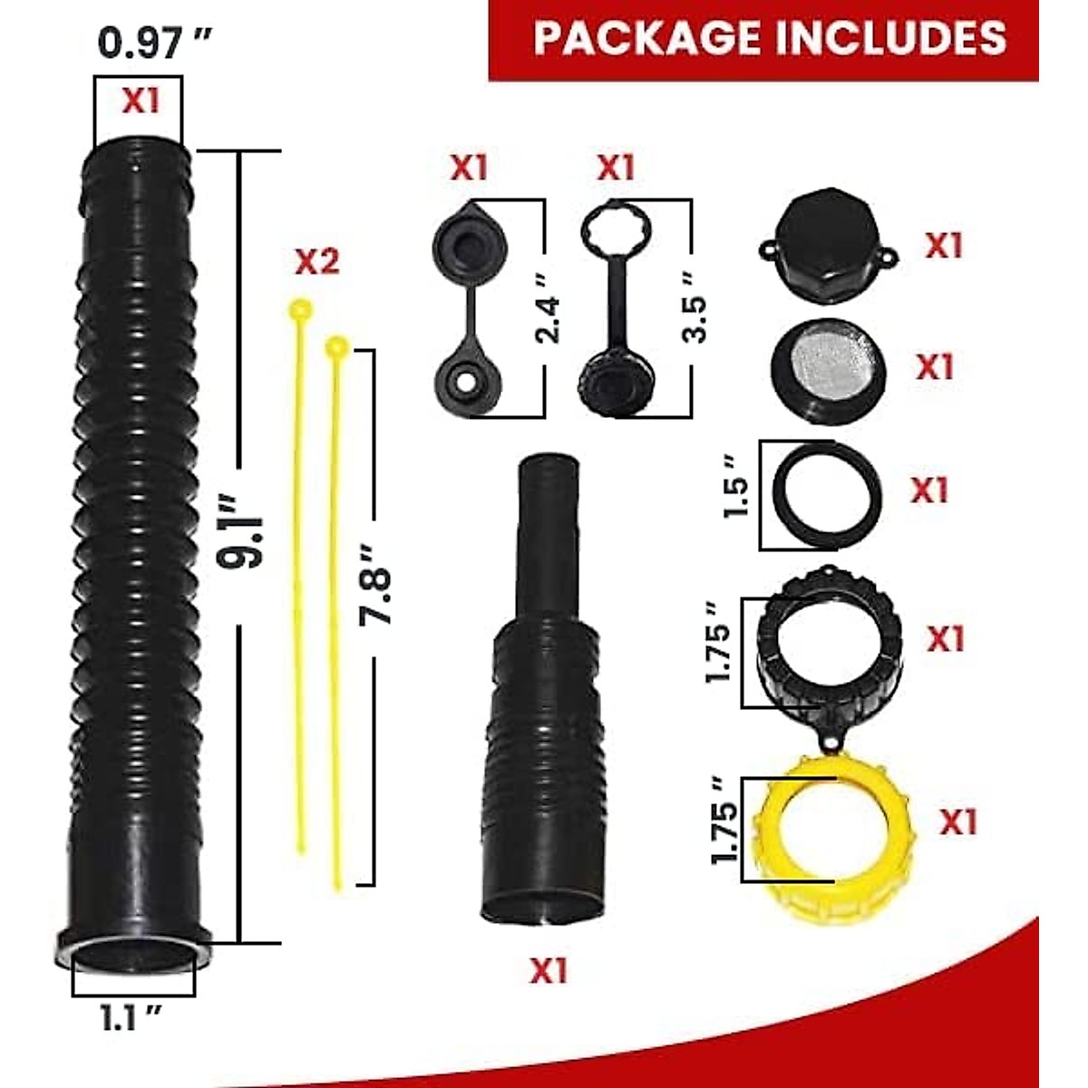 Kool Products Gas can spout replacement, gas can nozzle included with unleaded reducer, gas can vent kit, gas can gasket, Second Base Cap to Fit Additional Cans, Chord and Filter Screen