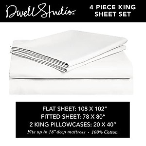 DwellStudio 100% Cotton Percale Sheet Set - Deep Pocket, 4 Piece - 1 Flat, 1 Deep Pocket Fitted Sheet and 2 Pillowcases, Crisp Cool and Strong Bed Linen (King, White)