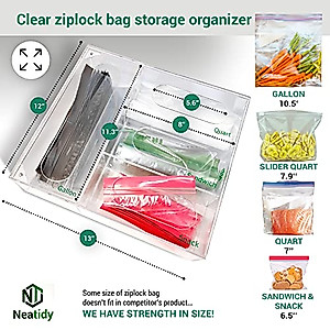 Neatidy Ziplock Bag Storage Organizer – Clear Acrylic Storage Bag Organizer – 4-in-1 Baggie Organizer for Gallon, Snack, Sandwich, Quart Bags – Solid Acrylic Bag Holder for Kitchen Drawer, Counter
