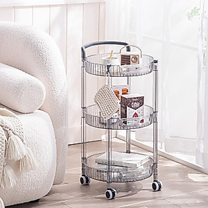 HYBRIDEAS 3-Tier Rolling Storage Cart with Wheels & Handle, Multi-Functional Small Round Plastic Movable Utility Organizer for Living Room, Bathroom, and Makeup