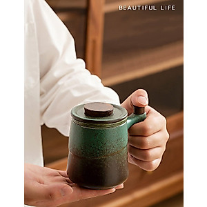 NCQIXIAO Tea Cup with Infuser and Lid, Retro Tea Mug Cups with Infuser, Wood Handle Ceramic Coffee Mug with Lid for Steeping Loose Leaf Tea 320ml/10.82OZ (Vintage Green)