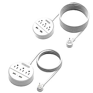 NTONPOWER Flat Plug Power Strip Bundle, 2 Outlets 3 USB Compact Power Strip with 10ft and 15 ft Extra Long Extension Cord, Right Angle Plug for Office, Home, Nightstand, Dorm Essentials