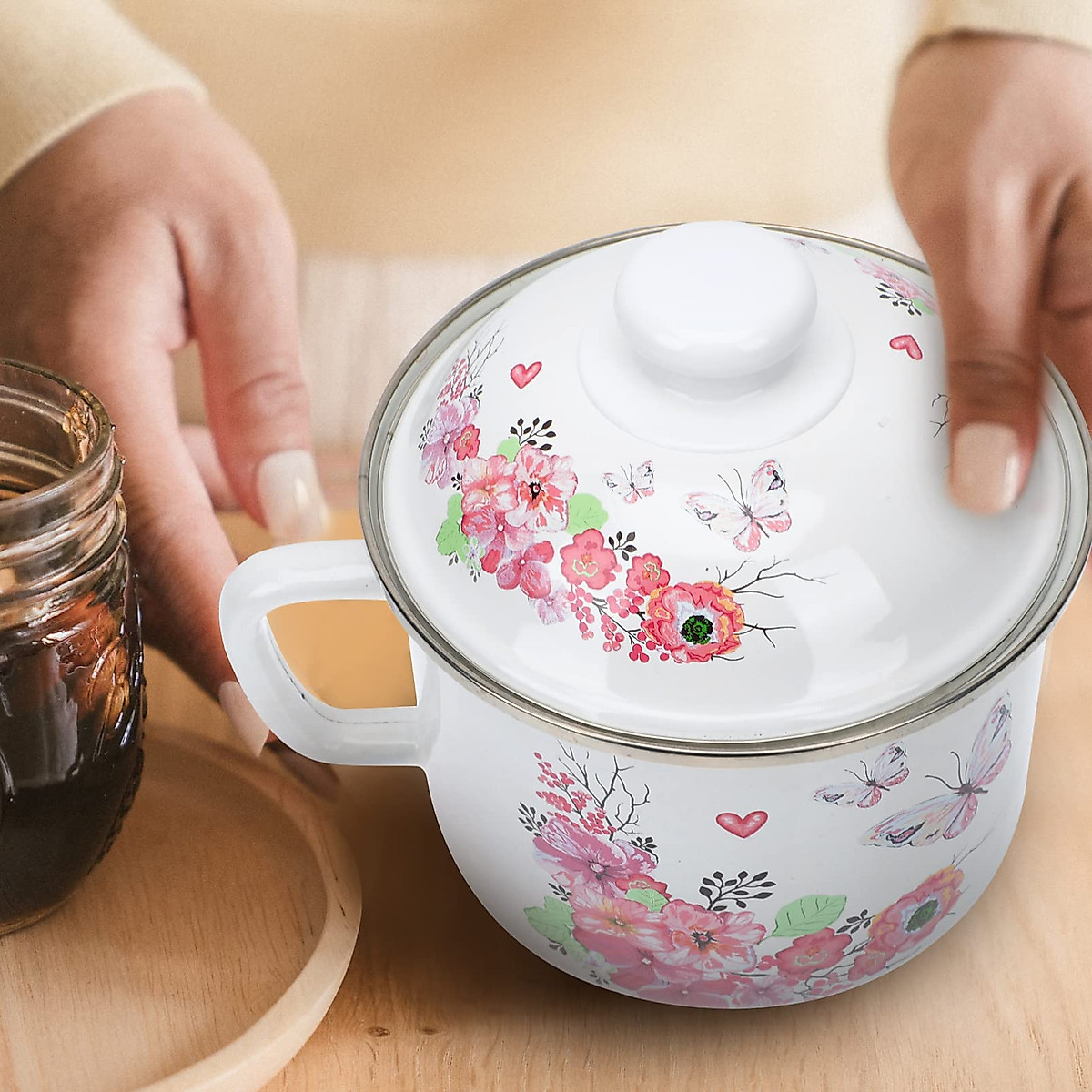 Hemoton 1Pc Enamel Soup Bowl Vintage Enameled Basin Retro Enameled Instant Noodles Bowl Lard Pot with Lid Large Salad Serving Bowl Ramen Basin