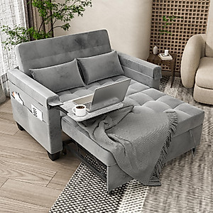 Buenhomino 3-in-1 Convertible Sofa Bed, Pull-Out Sofa Bed Multi-Functional Sleeper Couch, 48'' Loveseat Bed Chaise Lounge w/Hidden Side Table & Adjustable Backrest for Living Room, Small Space Gray