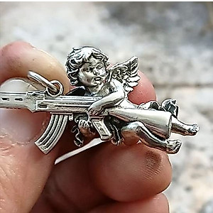 925 Sterling Silver gun and Angel Pendant Necklace ~ Peace and War Charms Pendant and SS 316 24" chain ~ guardian angel of war ✬✬✬By Fantasy World✬✬✬ (2, Silver Pendant + SS316 Chain)