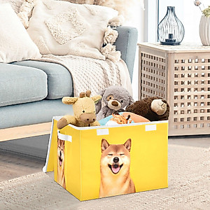 Wusikd Shiba Inu Dog Storage Basket Yellow Storage Boxes with Lids and Handle, Large Storage Cube Bin Collapsible for Shelves Closet Bedroom Living Room, 16.5x12.6x11.8 In