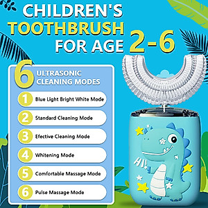 Kids U Shaped Toothbrush Dinosaur Electric Ultrasonic Automatic Brush with 6 Modes Replacement Brush Head IPX7 Waterproof Powered Smart Timer Auto Clean for Children 2-6 Years Old