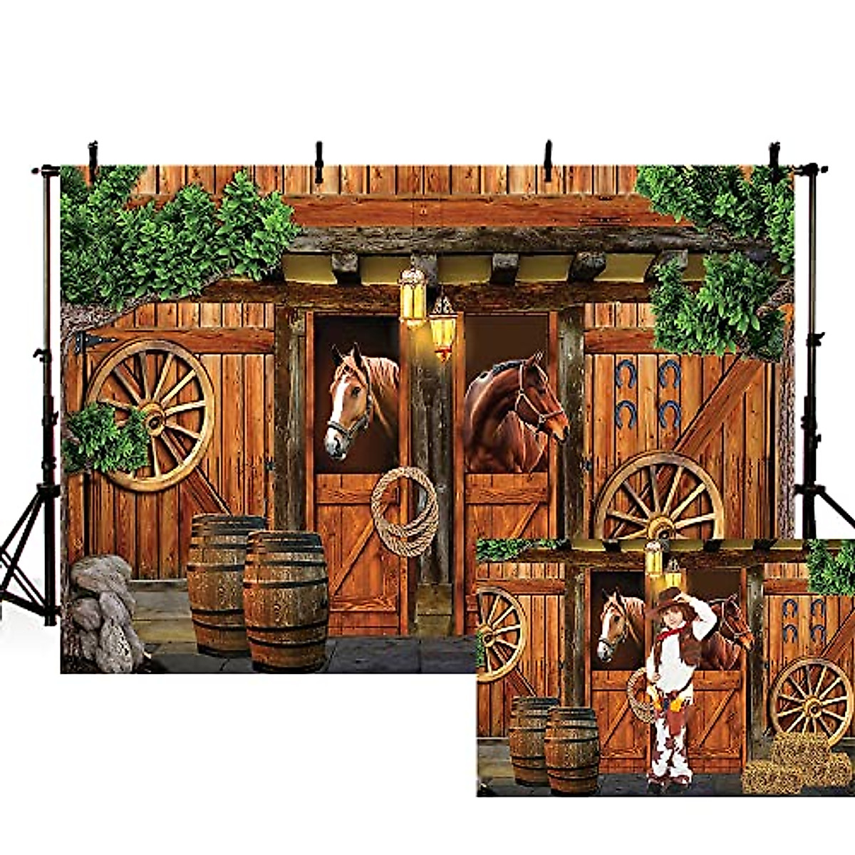 MEHOFOND 10x7ft One Wild West Stable Backdrop Texas Western Cowboy Horse in Barn Baby Shower Wheels Mews Photography Background Travel Party Events Photo Studio Props