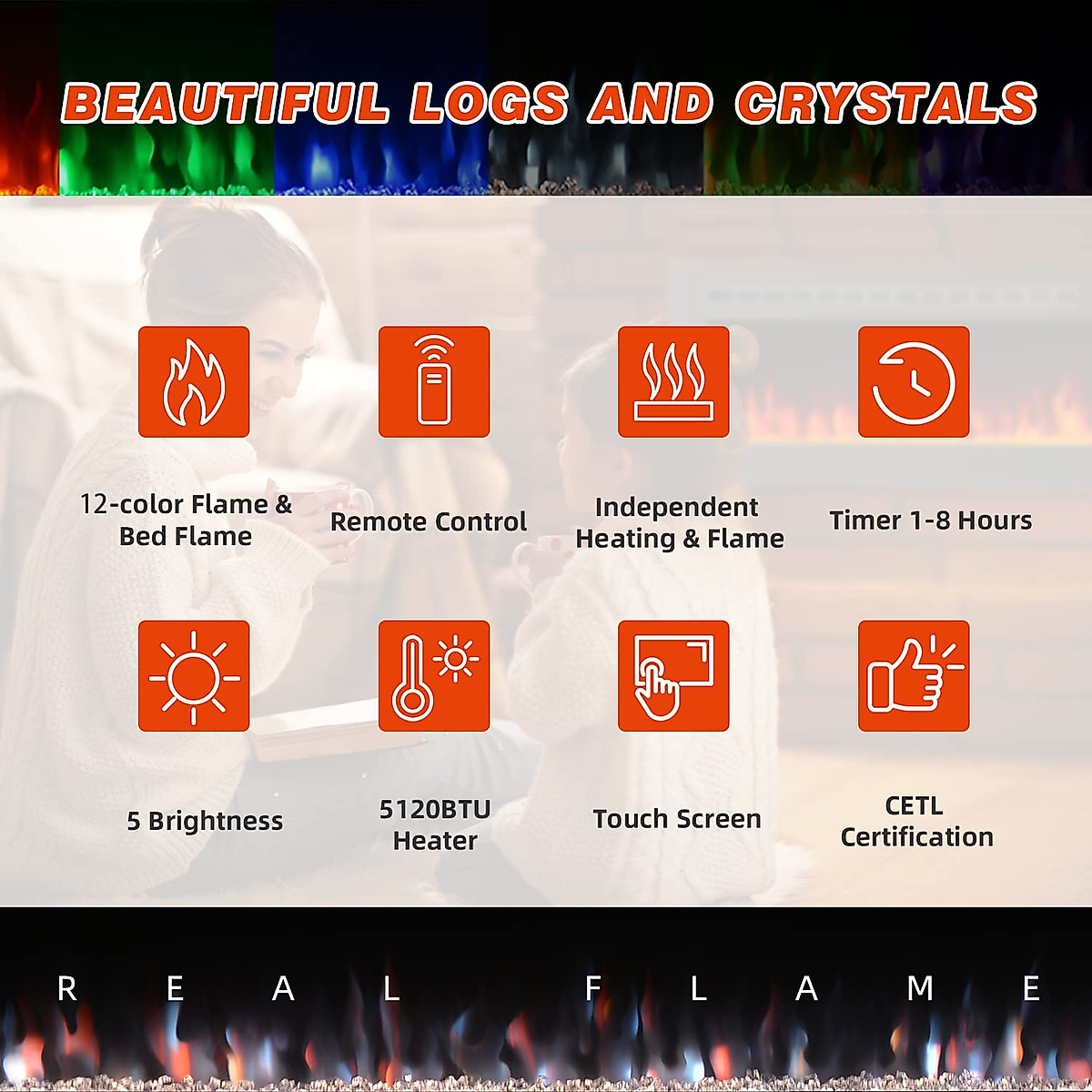 EROMMY 60 in Electric Fireplace Insert,Recessed and Wall Mounted Fireplace with Timer, Free Standing, Remote Control, Touch Screen, Overheating Protection, Log&Crystal, 9 Adjustable Flame, 750/1500W