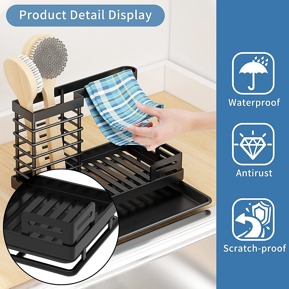 ROMINVIC Sink Caddy Organizer,Kitchen Caddy for Sponge Dishcloth Brush Holder with Black Drain Tray and 2 Sponge Holders 304 Stainless Steel Rustproof