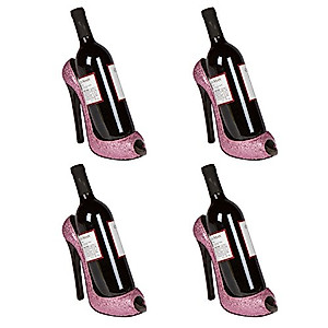 Hilarious Home High Heel Wine Bottle Holder - Stylish Conversation Starter Wine Rack (Pink Glitter, Set of 4)