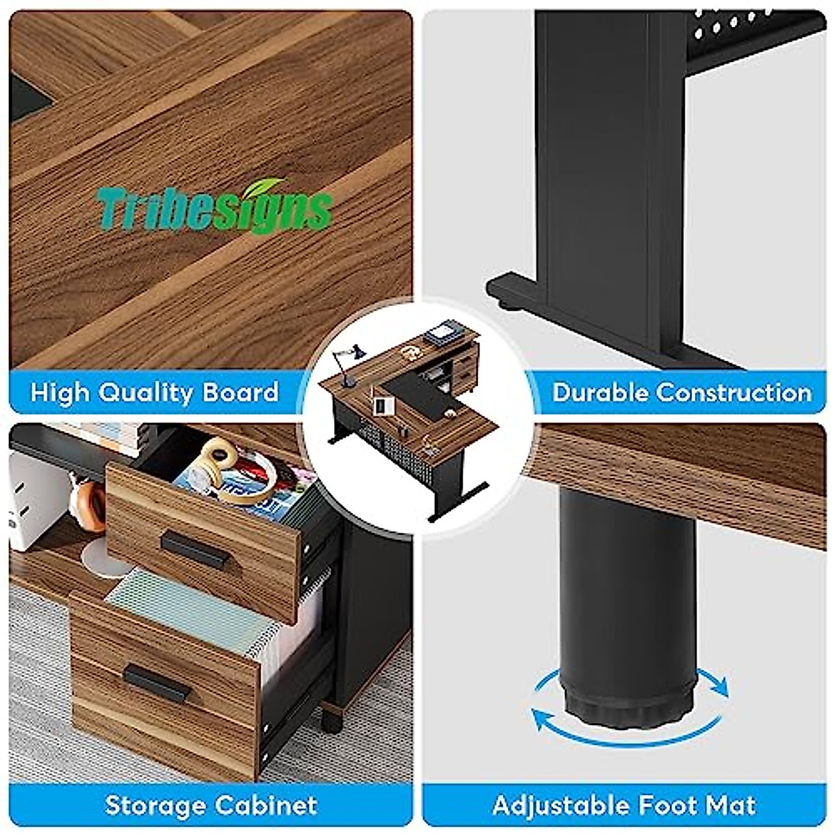 Tribesigns 63 Inch Executive Desk with File Cabinet, Large Office Desk L Shaped Computer Desk with Drawers and Storage Shelves, Business Furniture Desk Workstation for Home Office, Brown