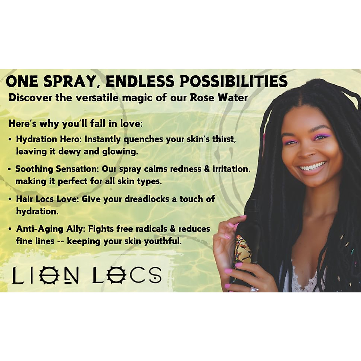 Lion Locs Rosewater Spray for Dreads and Locs - Organic Vegan Conditioner with Aloe, Oils, Vitamins, and Glycerin