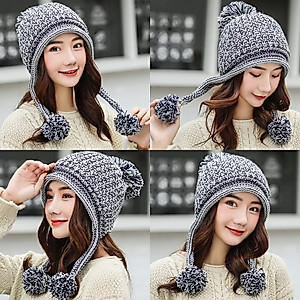 HUAMULAN Women Winter Sherpa Beanie Hats Knit Ear Flaps Peruvian Cover Ears Warm Fleece Lined Ski Snow Hat with 3 Pompom