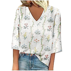 White Blouses for Women Dressy,Women's 3/4 Sleeve Summer Tops Cotton Womens White Tops 3/4 Sleeve Graphic Tshirts Shirts for Women 3/4 Sleeve Cotton Tops for Women(3-White,XX-Large)