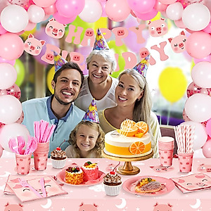 Lenwen Pig Birthday Decorations Pig Party Favors Include Pig Tableware Set Pig Farm Animal Birthday Banner Piggy Latex Balloons Pigs Themed Dinnerware Pink Pig Table Cloths for Kitchen Home Kids