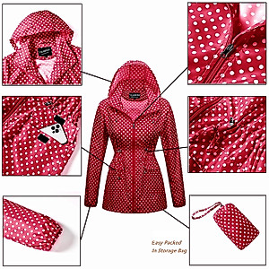 YEABEDA Women-Rain Jacket-Hood Waterproof-Lightweight Windbreak-Packable — Cute RainCoats Travel Polka Dot Ladies With Pouch (XX-Large, Red)