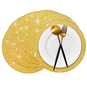 Datyiiha 50 Pieces Gold Glitter Paper Place Mats Sparkle Round Disposable Table Mats Golden Sequin Doilies Decorative Placemats for Wedding Banquet Party Home Dining Tableware