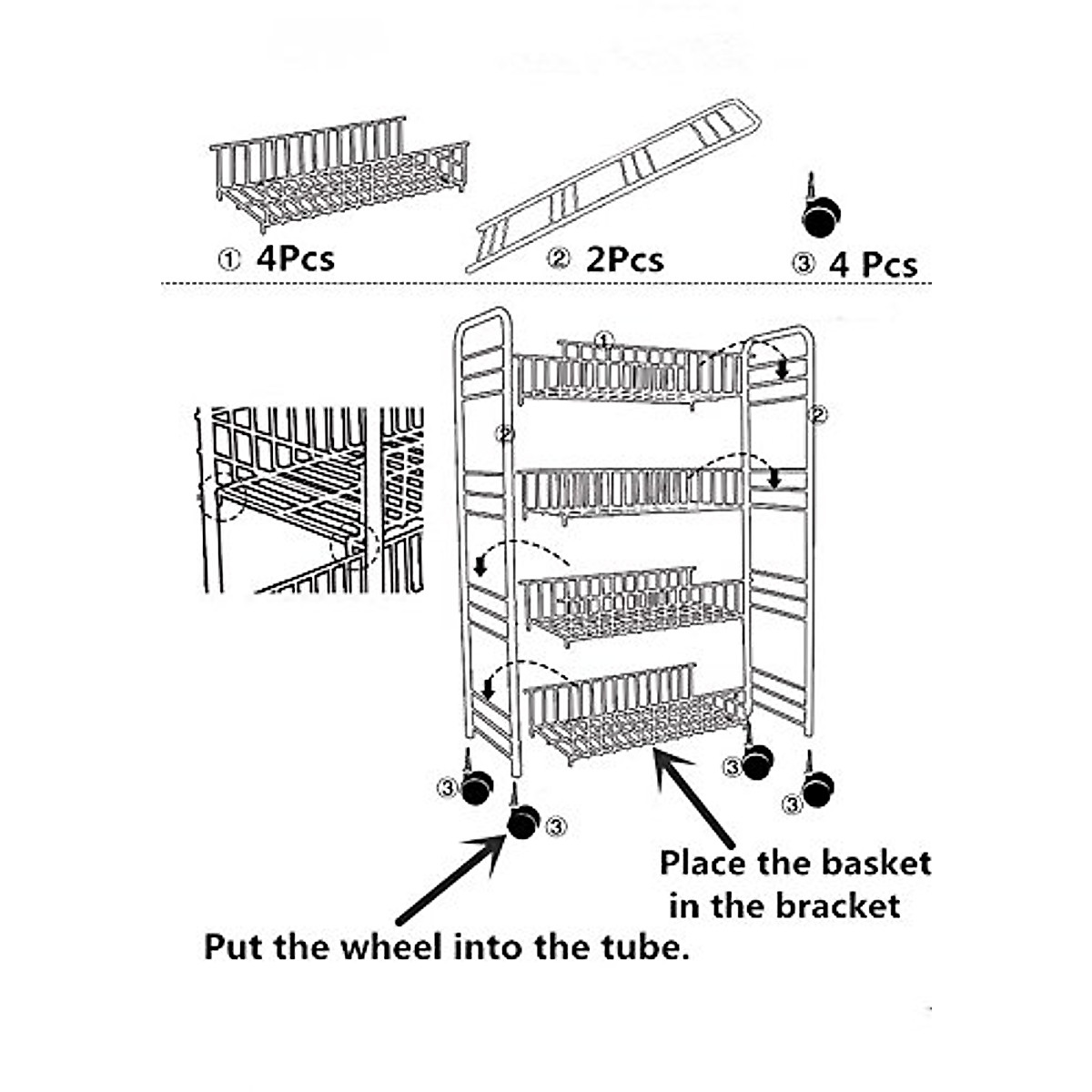 OKOKMALL US--Kitchen Storage Cart Slim Fridge Slide Tower Rack Shelf 4-Tiers with Wheels