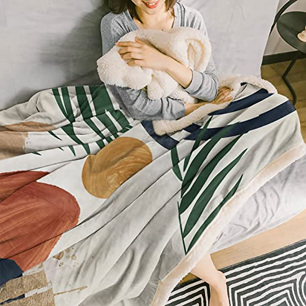Mid Century Sherpa Flannel Throw Blankets,Boho Abstract Leaf Thick Reversible Plush Fleece Blanket for Bed Couch Sofa,Geometric Minimalist Aesthetic Ultra Soft Comfy Warm Fuzzy TV Throws 40x50in