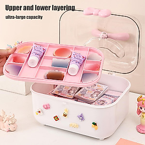 Girls Hair Accessories Storage Box, Cute Hair Accessories Organizer, Jewelry Box with Upper and Lower Layers, Deer Horn Handle, Bow Switch Girls Multipurpose Organizer and Portable Storage Box (Pink)
