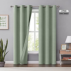 Melodieux Linen Green Blackout Curtains 84 Inches Long for Bedroom, Living Room Darkening Thermal Insulated Farmhouse Burlap Grommet Drapes, 42 x 84 Inch, 2 Panels