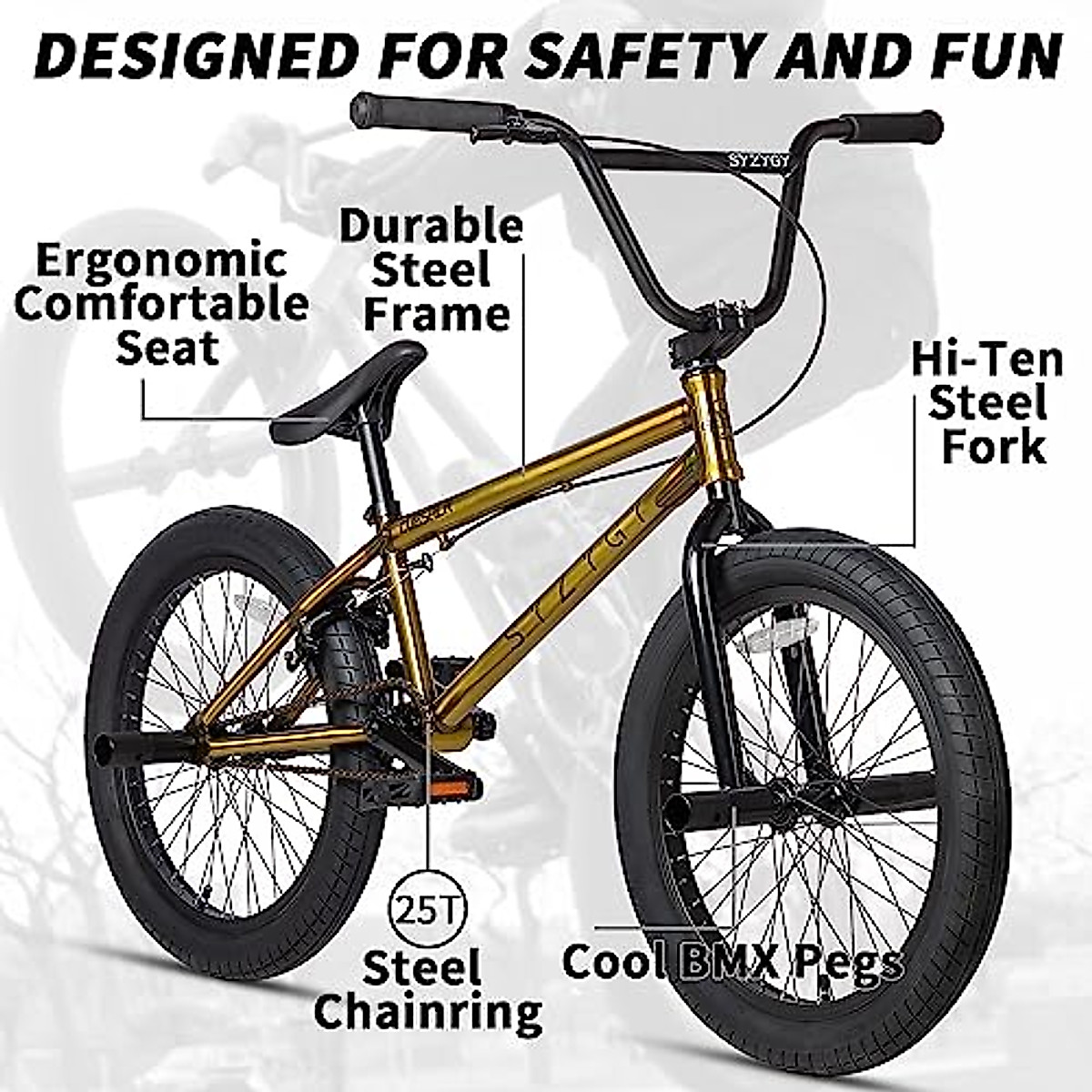 cubsala 20 Inch BMX Bike Freestyle Bicycles for 6 7 8 9 10 11 12 13 14 Years Old Boys and Beginner Riders, Gold with Black Tires