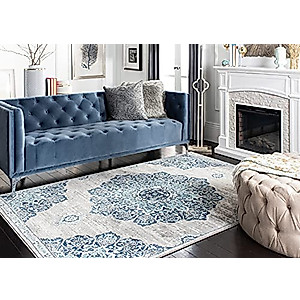 SAFAVIEH Brentwood Collection 9' x 12' Navy / Light Grey BNT849M Medallion Distressed Non-Shedding Living Room Bedroom Dining Home Office Area Rug