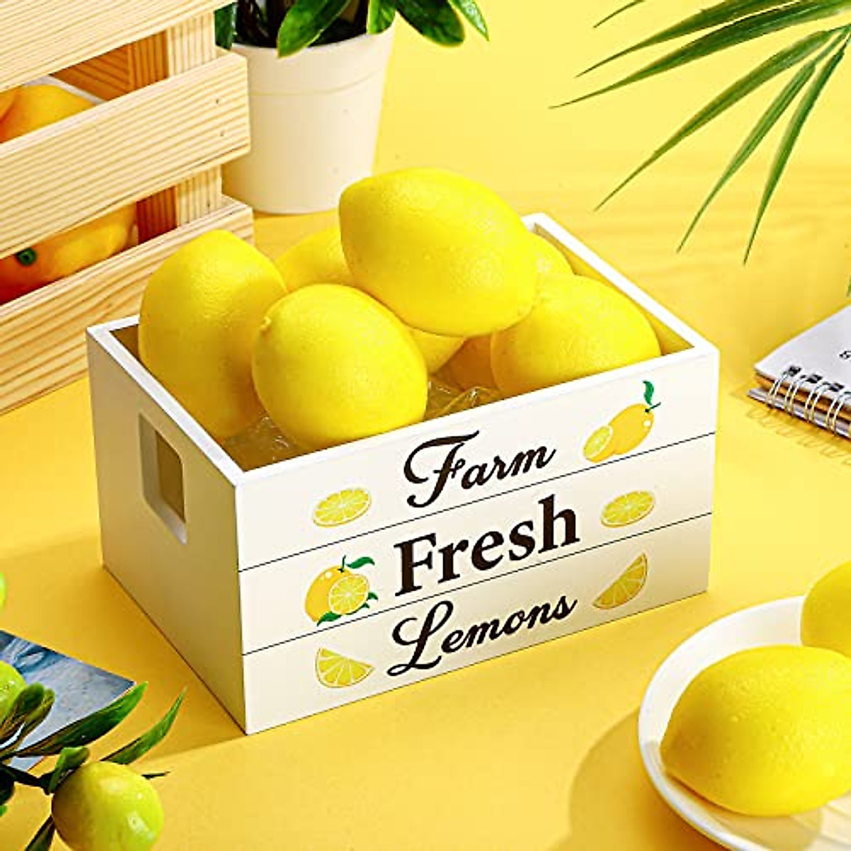Marsui Lemon Decor Mini Wooden Crate Set Summer Tiered Tray with 8 Faux Lemons Farmhouse Lemonade Kitchen Decorations for Home Shelf Decor (Lemon Style)