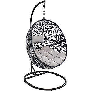 Sunnydaze Jackson Hanging Egg Chair with Steel Stand Set - All-Weather Construction - Resin Wicker Porch Chair - Large Basket Design - Outdoor Lounging Chair - Includes Gray Cushions