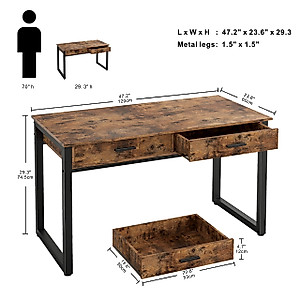 IRONCK Computer Desk, 47" Writing Study Table with 2 Drawers, Wood Metal Home Office Desk, Laptop Notebook PC Workstation, Easy Assembly, Industrial Style