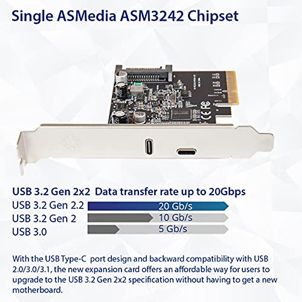 I/O CREST USB-C 3.2 Gen 2x2 + 20W QC Power Delivery PCI-e Gen 3 x4 Expansion Card SATA Powered ASMedia ASM3242