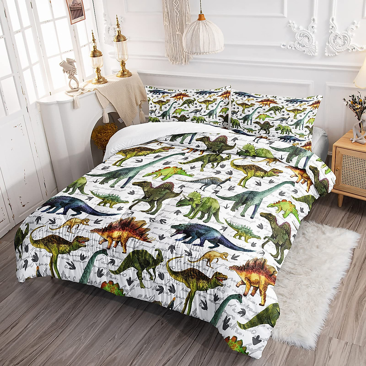 BailiPromise Dinosaur Duvet Set Twin Size,Jurassic Dino 3 Piece Bedding Set,Boys Comforter with Pillow Shames, for All Seasons, Ultra-Soft, Lightweight, Breathable