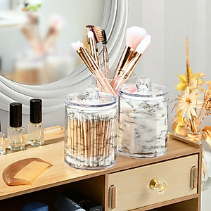 Marble Nature Texture Qtip Dispenser Apothecary Jars White Stone Grain Veins Bathroom Qtip Holder Storage Canister Plastic Jar 10 Oz for Cotton Ball Swab Round Pads Floss 2pcs