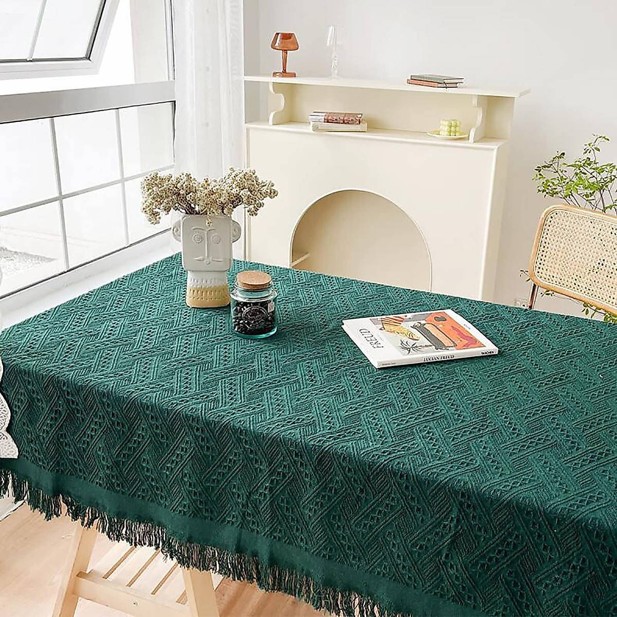 NM&DMY Premium Tassel Table Cover,French Lace Tablecloth Coffee Table Protector Tabletop Decoration Oblong Kitchen Multi-Size Table Linens-Green a 90x150cm(35x59inch)