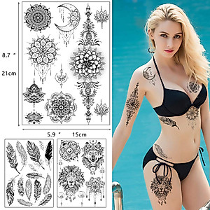 glaryyears 8 Sheets Mandara Chests Tattoos for Women, Black Flower Leaf Lion Wolf Dreamcatcher Designs Underboob Temporary Tattoo Stickers on Chest Waist Waterproof Body Art Large Size