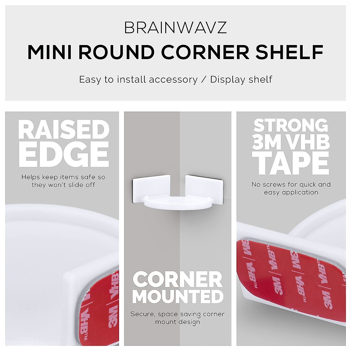 Mini Circular Corner Shelf Mount for Security Cameras, Baby Monitors, Speakers, Plants & More, Universal Holder, Strong Adheasive, No Mess, Screwless by Brainwavz (White)
