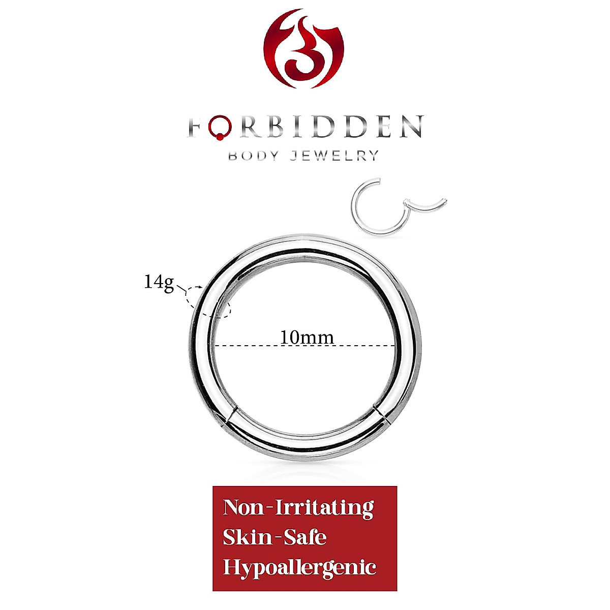 Forbidden Body Jewelry conch piercing jewelry, daith earrings, tragus hoop, 14g 10mm Titanium Hinged Seamless Body Piercing Hoop ring