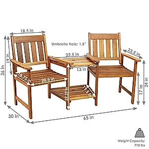 Sunnydaze Meranti Wood with Teak Oil Finish Outdoor Jack-and-Jill Chairs with Attached Table - 2-Chair Tete-a-Tete Furniture Set for Garden, Lawn, Porch, Balcony and Lawn - 65-Inch