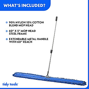 Tidy Tools Commercial Dust Mop & Floor Sweeper, 60 in. Dust Mop for Hardwood Floors, Cotton Reusable Dust Mop Head, Extendable Handle, Industrial Dry Mop for Floor Cleaning & Janitorial Supplies, Blue
