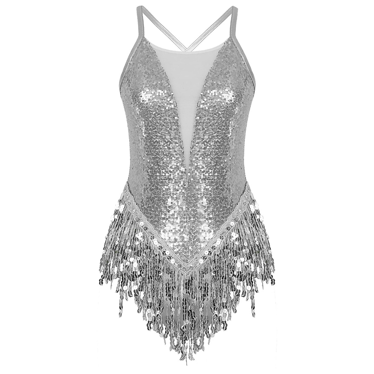 JEATHA Women Sequin Mesh Patchwork Camisole Ballet Leotard Crisscross Back Tassel Hem Gymnastic Dancewear Silver Medium