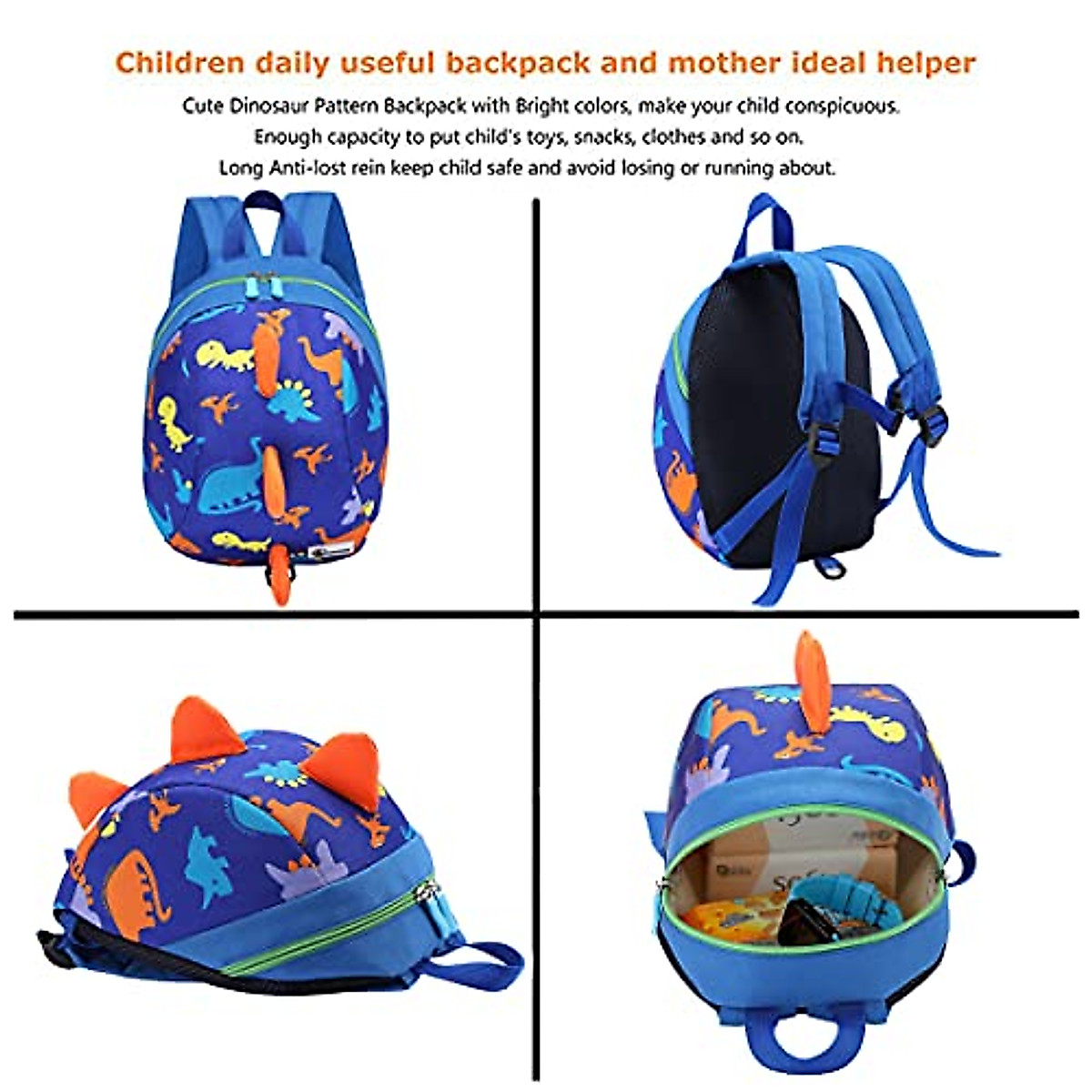 DB Dinosaur Toddler mini backpack with leash,children Kids baby harness bookbag (Deep Blue)