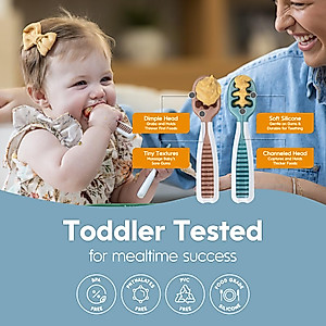 NumNum Baby Spoons Set, Feeding Littles x Silicone Pre-Spoon GOOtensils for Kids Aged 6+ Months - First Stage, Baby Led Weaning (BLW), Teething Spoon - Toddler Utensils - 3 Spoons, Neon