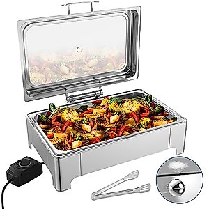 THXSUN Electric Chafing Dish Buffet Set, 9QT Stainless Steel Chaffing Dishes, 400W Buffet Servers and Warmers with Glass Lid, 9 Heating Levels, Food Warmers Chafers for Party Catering (1/1 Full Size)