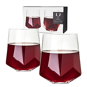 Viski Raye Faceted Crystal Wine Glasses Set of 2, No-Lead Premium Crystal Clear Glass, Modern Stemless, Wine Glass Gift Set, 20 oz